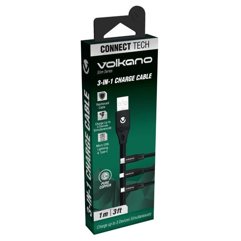 Volkano Slim Series 1m 3-in-1 Charge Cable Black VK-20086-BK – FirstShop