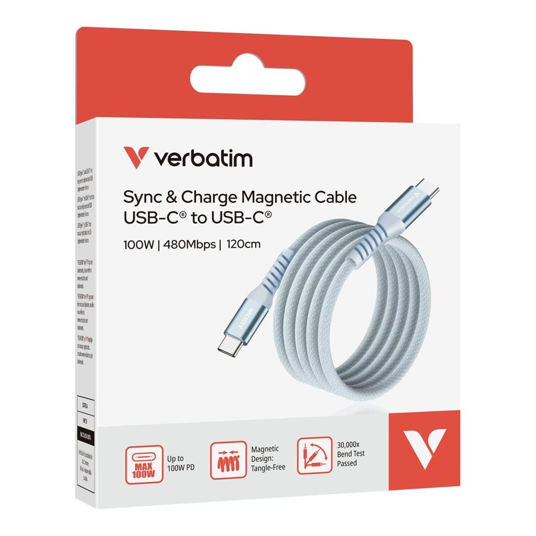 Verbatim 1.2m USB-C to USB-C 100W Sync and Charge Magnetic Cable Blue ...