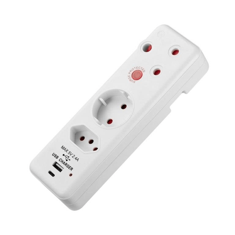 Switched 3-way Medium Surge Protection Schuko Adapter with 1x Type-C a ...
