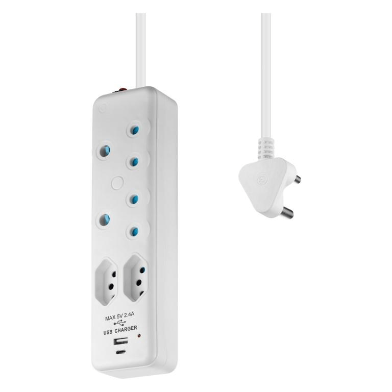 Switched 4-way Multiplug with 2m Cord and 1x Type-C and 1x USB-A Charg ...