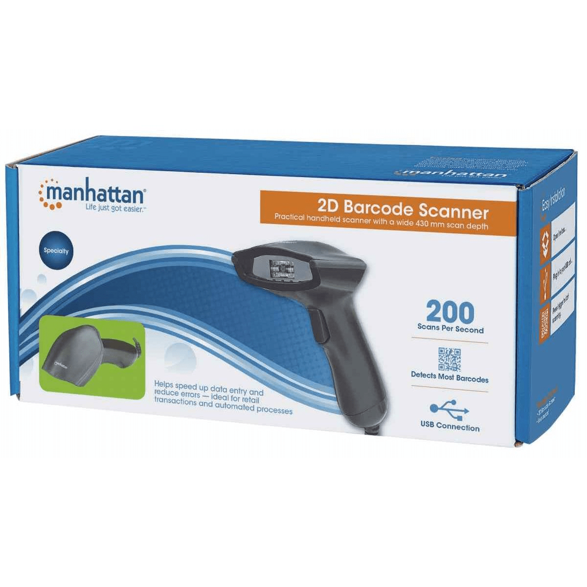 Manhattan 1.5m 2D Handheld Barcode Scanner USB 430mm Scan Depth 177603 ...